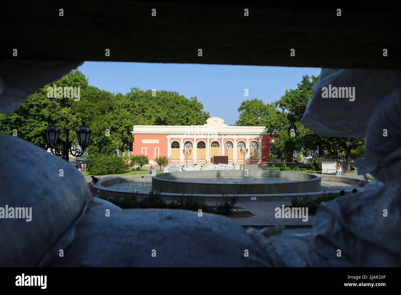 View through the window in the barricade on Theater Square, a sandbag ...