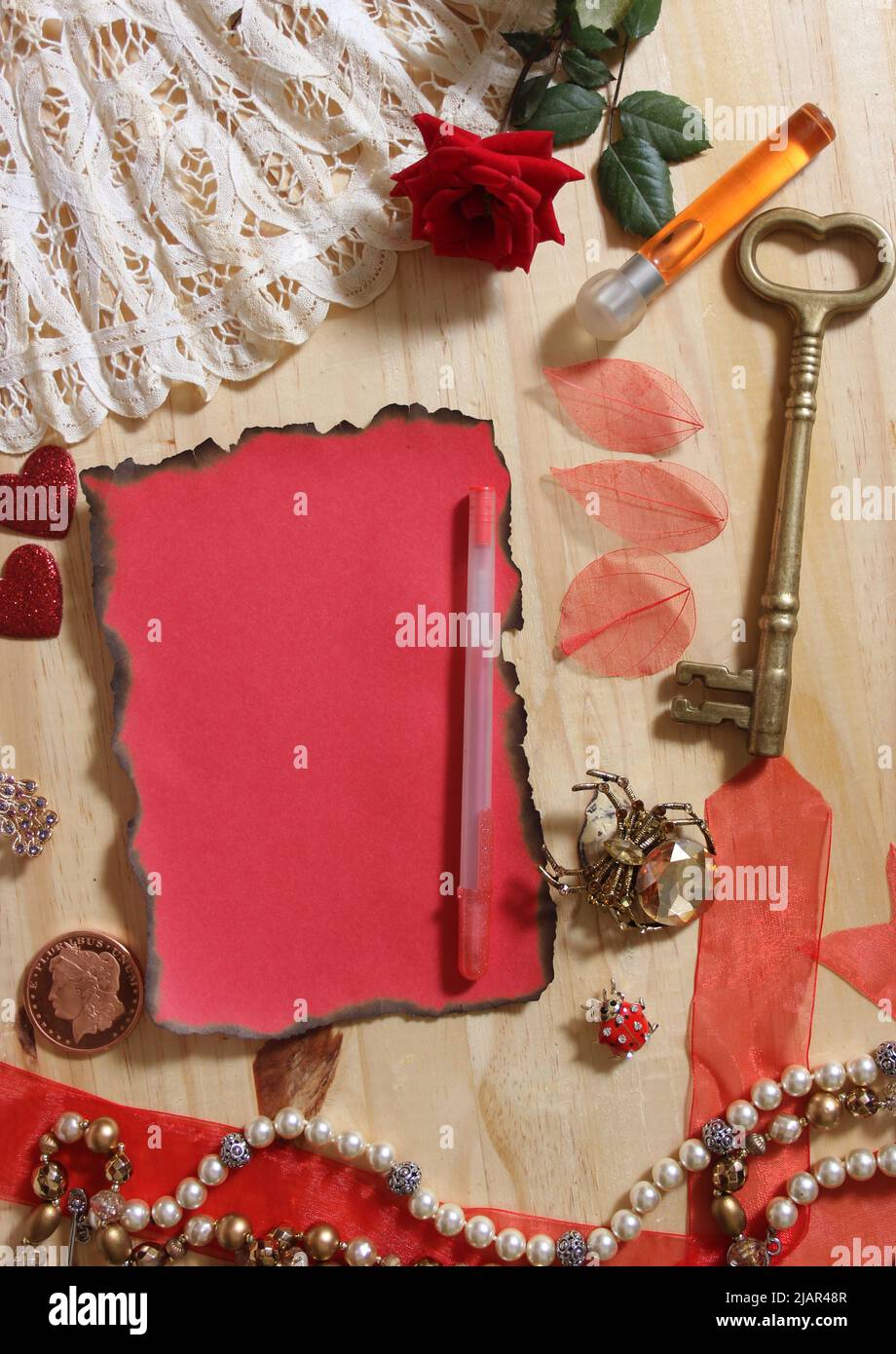 Vintage Jewelry and Lace With Antique Key on Wooden Background Space ...