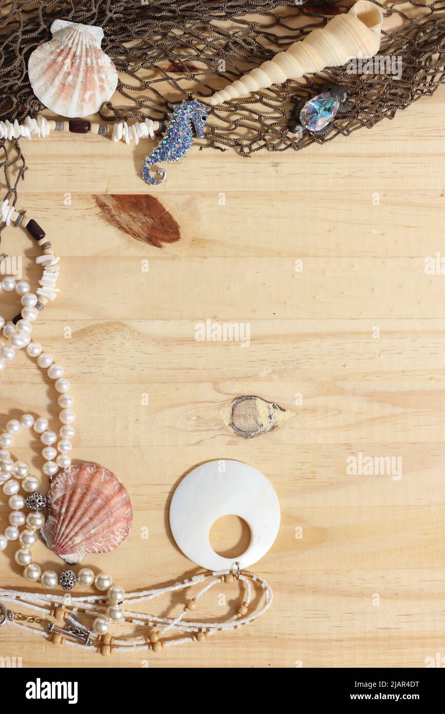 Fishing Net and Sea Shells on Wood Background Stock Photo - Alamy