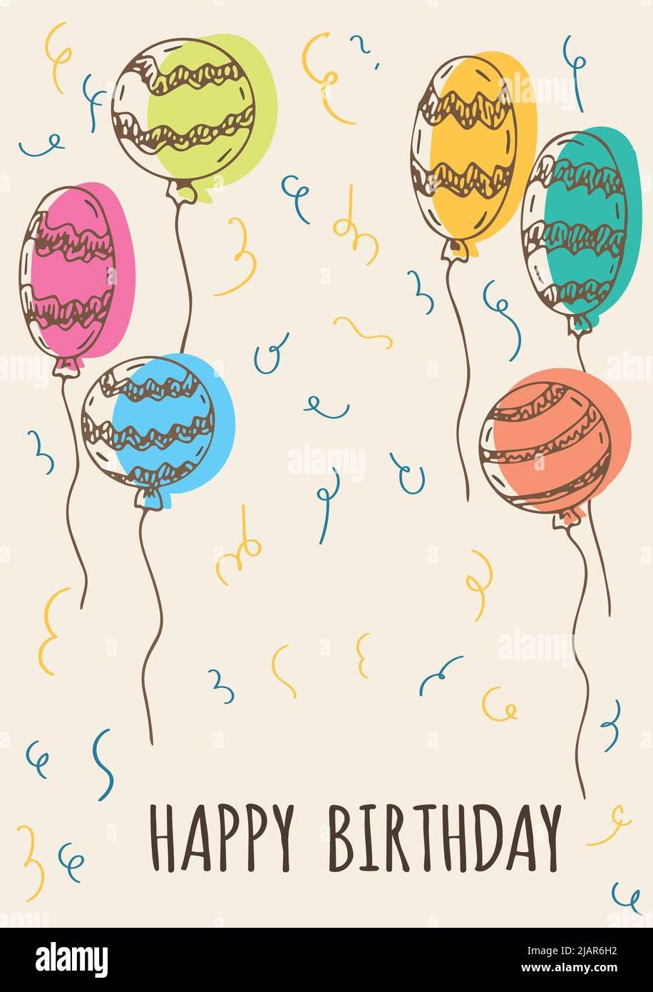 Happy birthday doodle Vector card hand drawn in delicate colors with ...