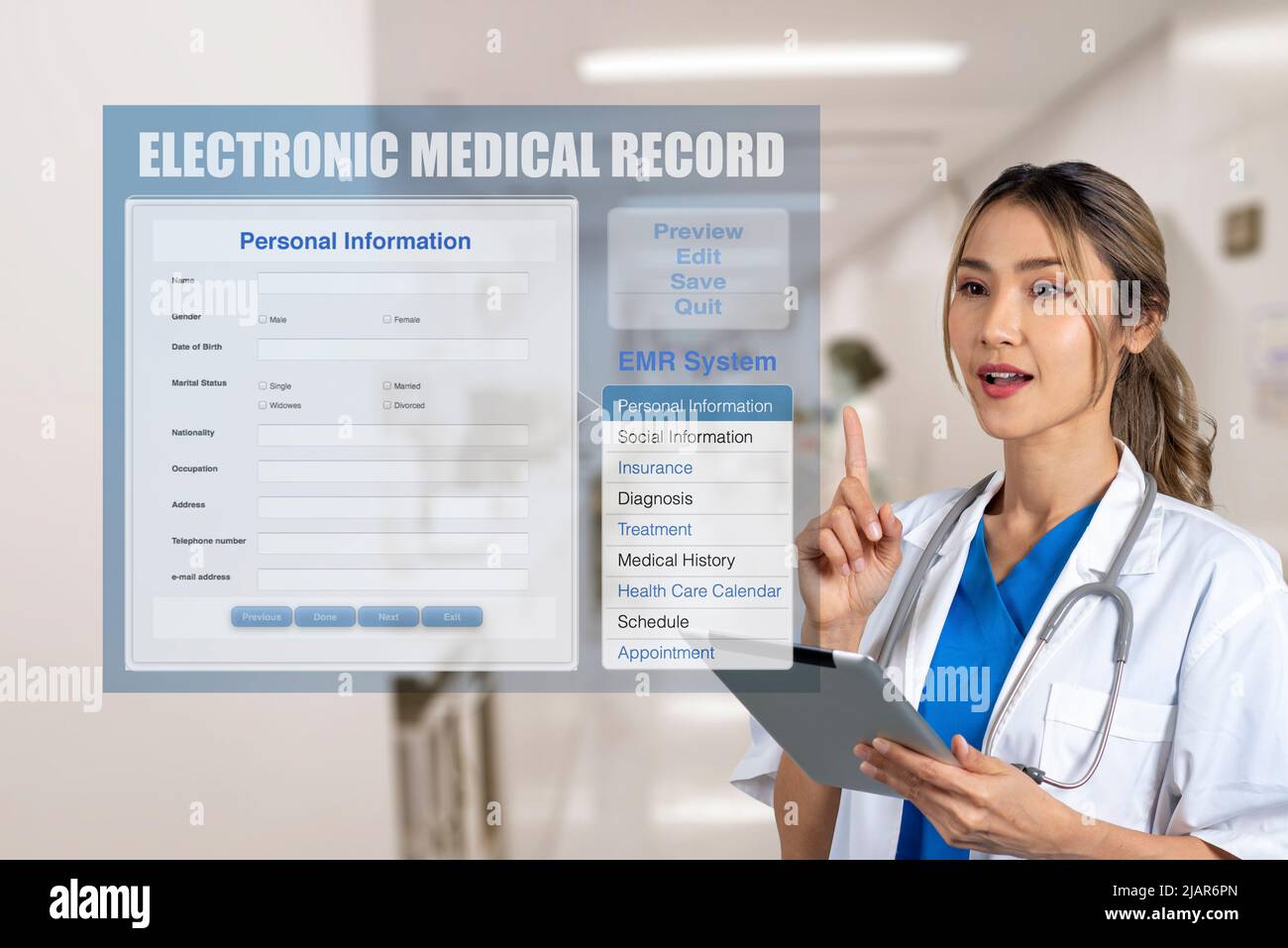 Female doctor holding digital tablet while another hand point to ...