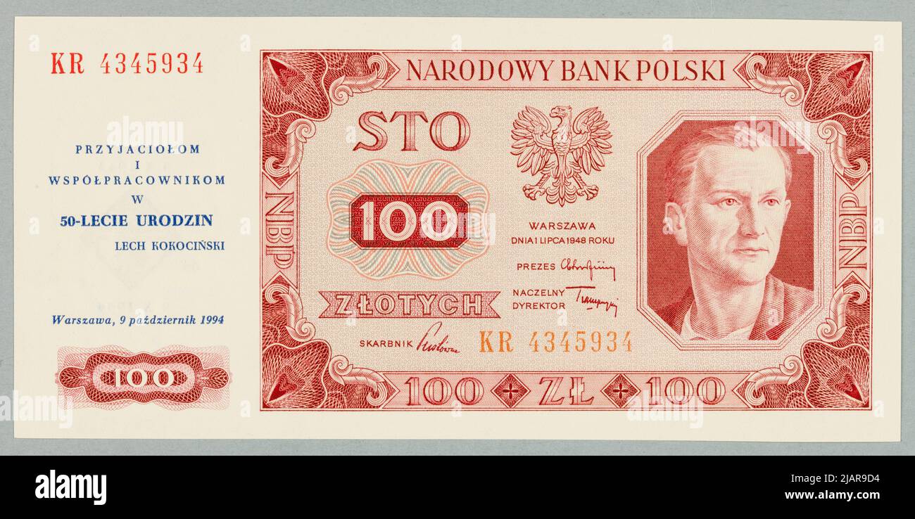Banknote for PLN 100; National Bank of Poland; 1.07.1948/ 9.10.1994 ...