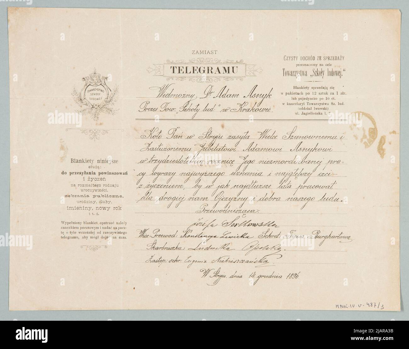 Congratulatory telegram to Adam Asnyk on the occasion of the 30th ...