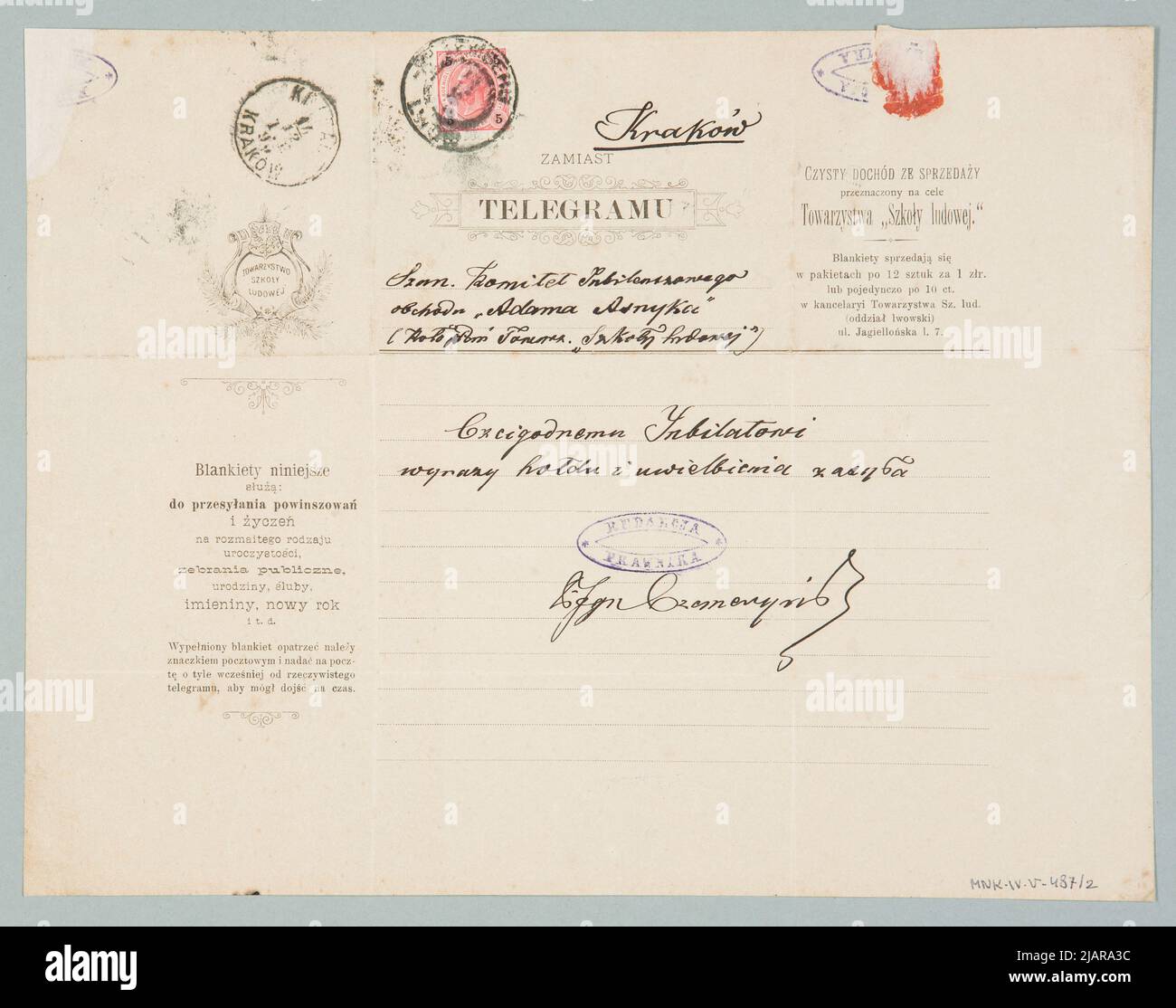 Congratulatory telegram to Adam Asnyk on the occasion of the 30th ...