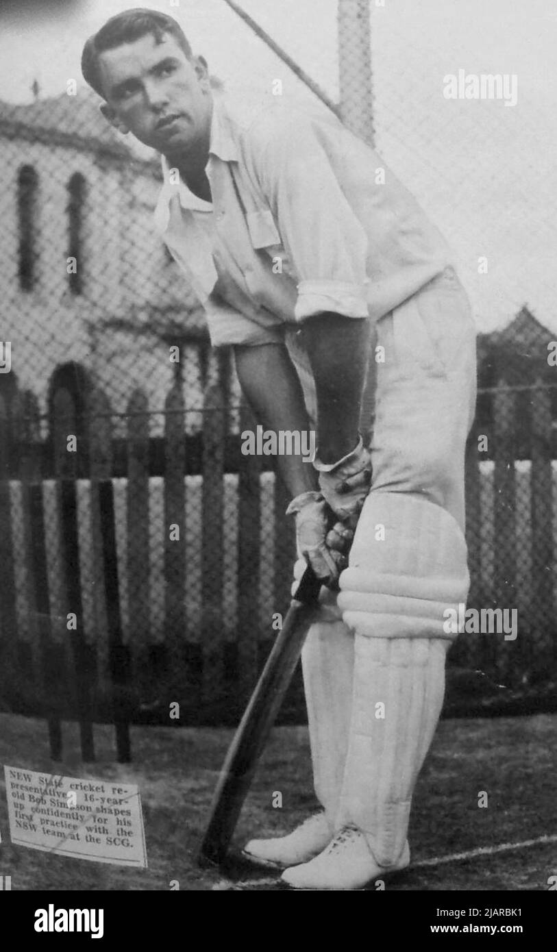 Bob Simpson (cricketer) batting at the SCG nets aged 16 ca. early 1952 ...