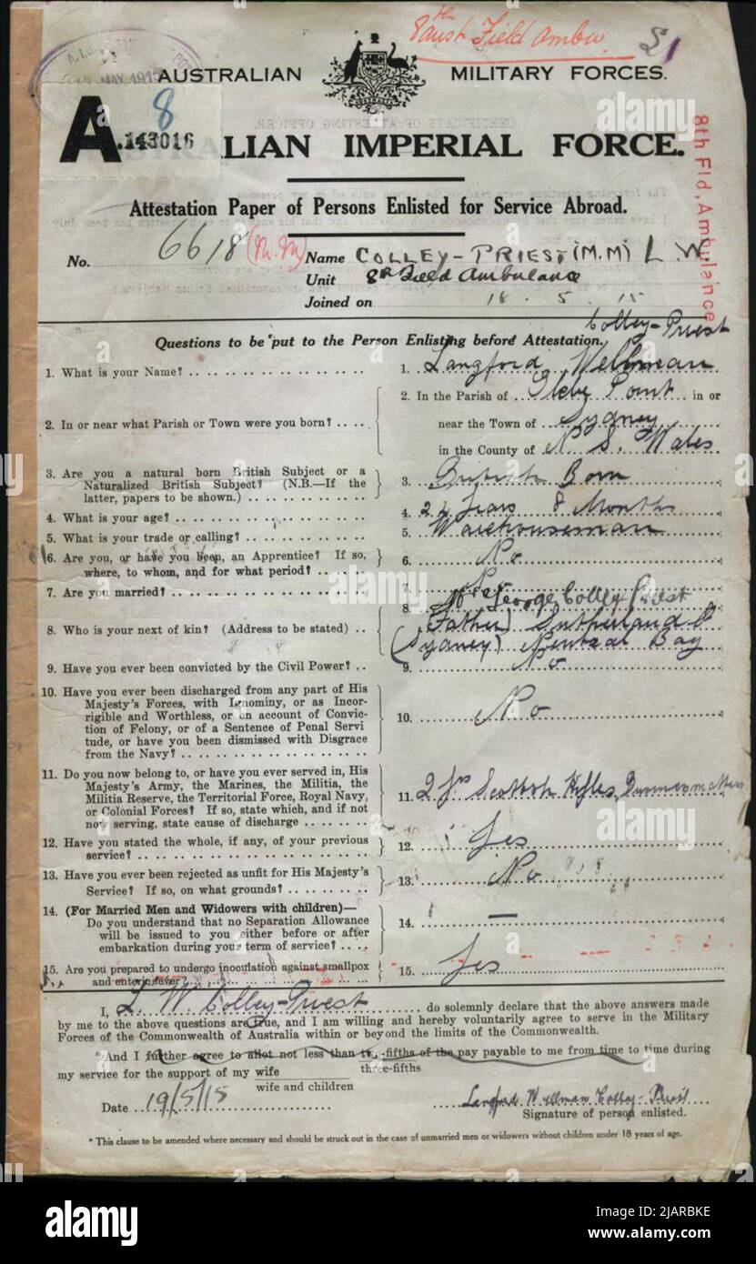 Colley priest enlistment paper hi-res stock photography and images - Alamy