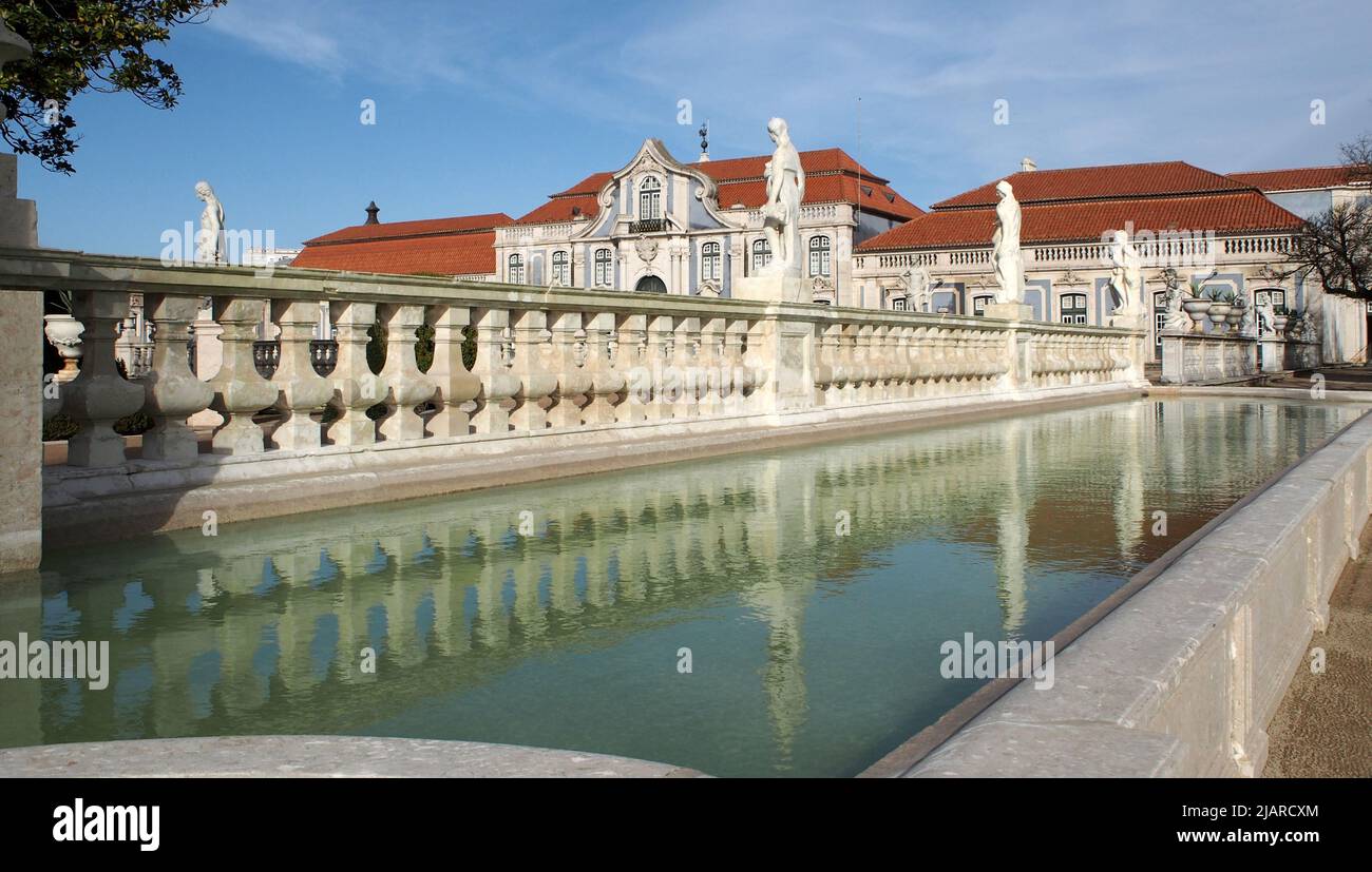 Balustrade and sculptures over water pool, at the Hanging Garden of the ...