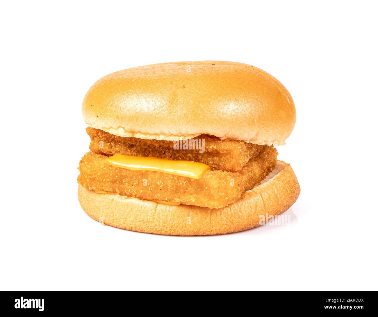 A delicious crispy fish burger with cheese isolated on white background ...