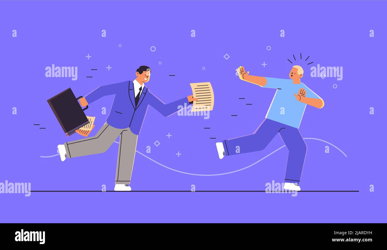 businessman running away from man employee with claim form paper ...