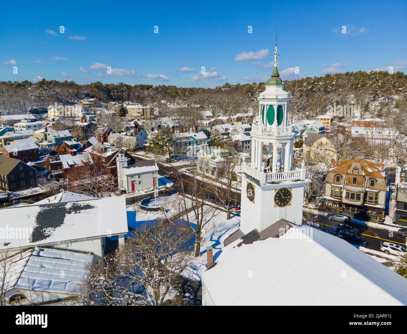 Manchester historic town center and harbor aerial view including First ...
