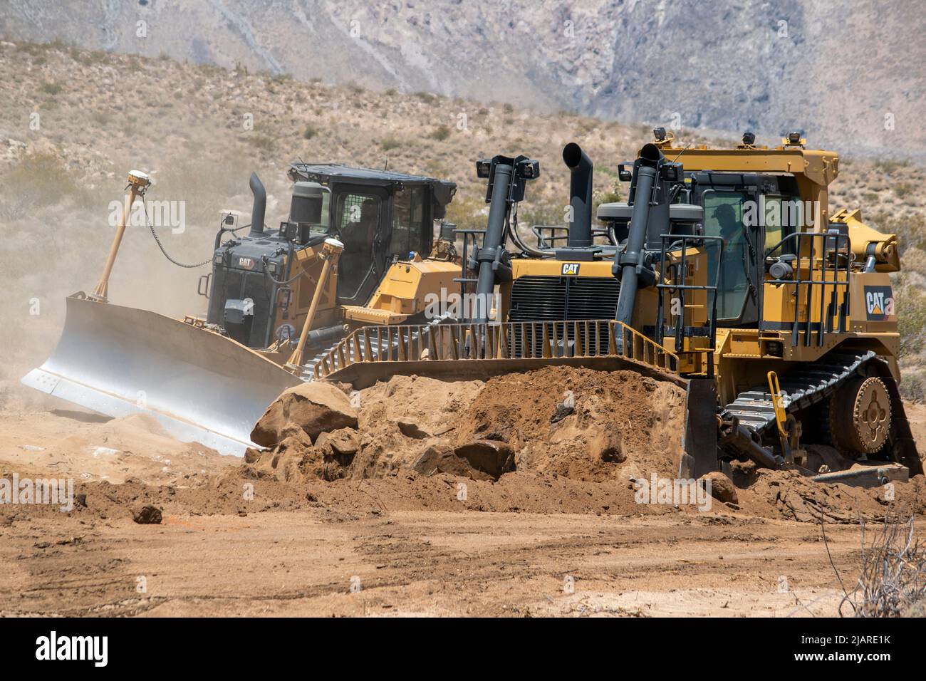 These bulldozers are working on a new road project near Olancha, Inyo ...