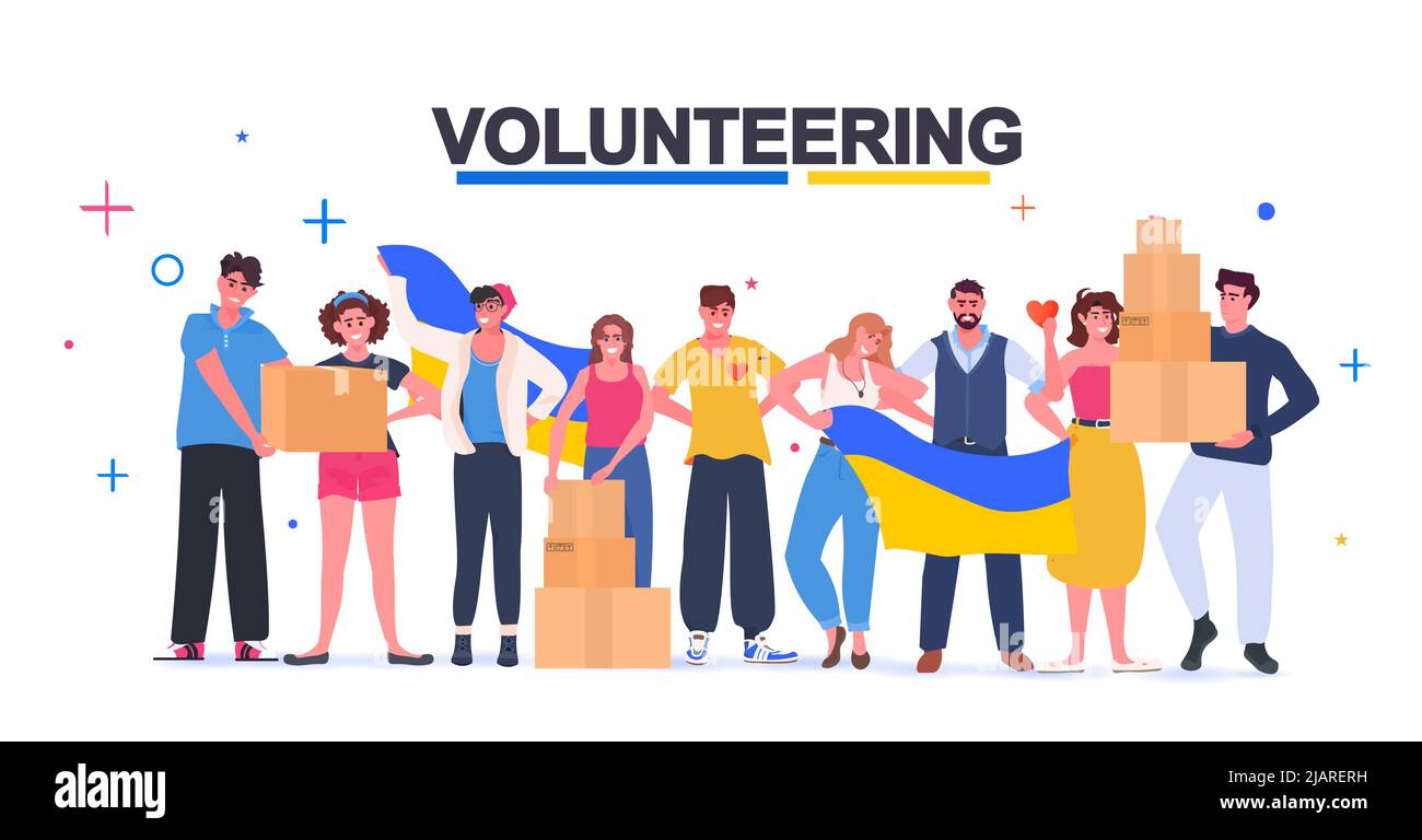 volunteers giving help boxes to refugee humanitarian aid material ...