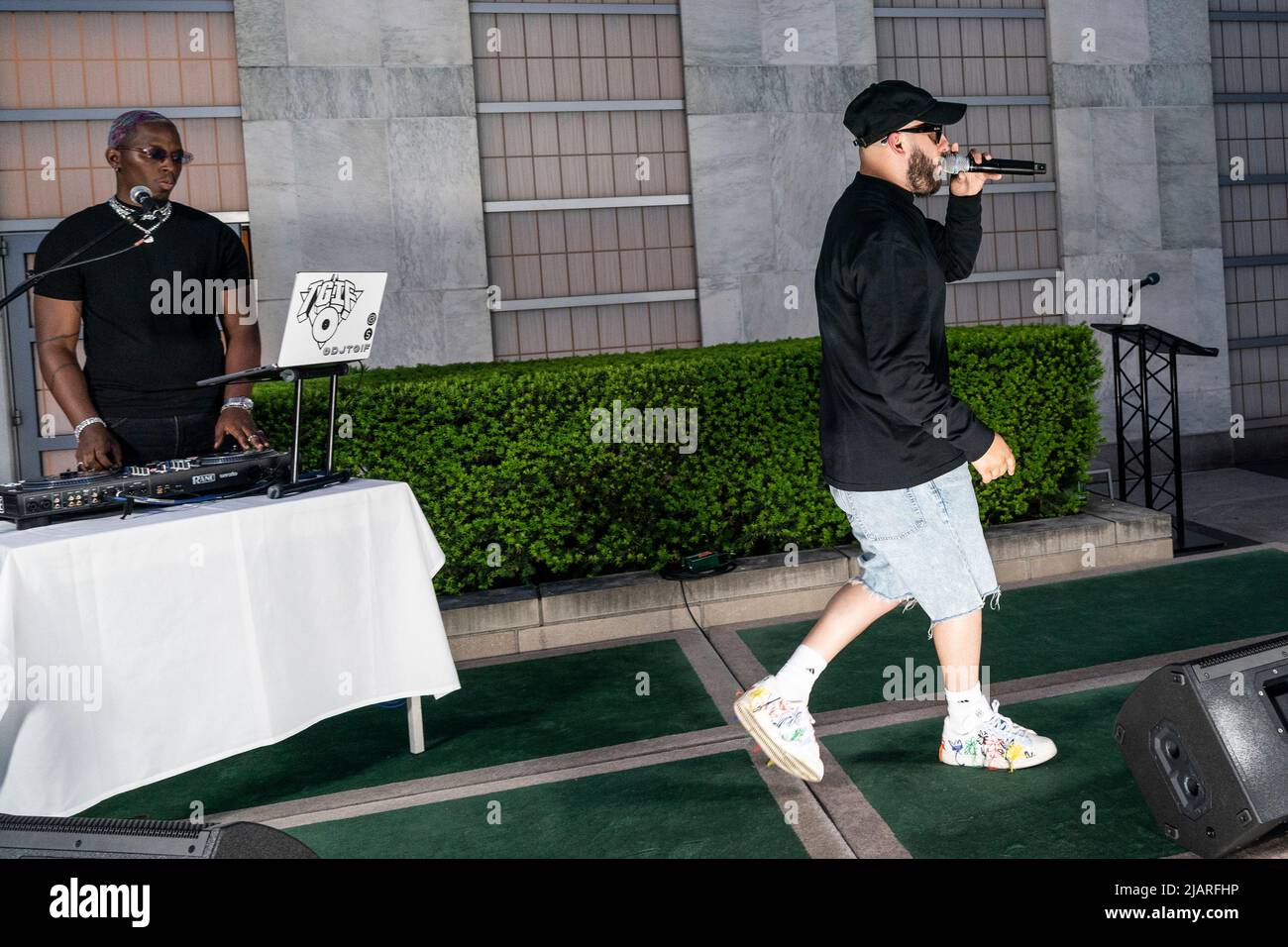 New York, NY - May 31, 2022: Rapper NBHD Nick with DJ TGIF performs ...