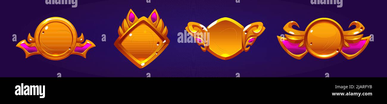 Game buttons, golden achievement badges with decorative frames isolated ...