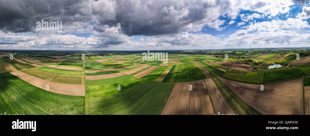 Colorful Farm Fields in Poland at Spring. Aerial Drone Panorama Stock ...