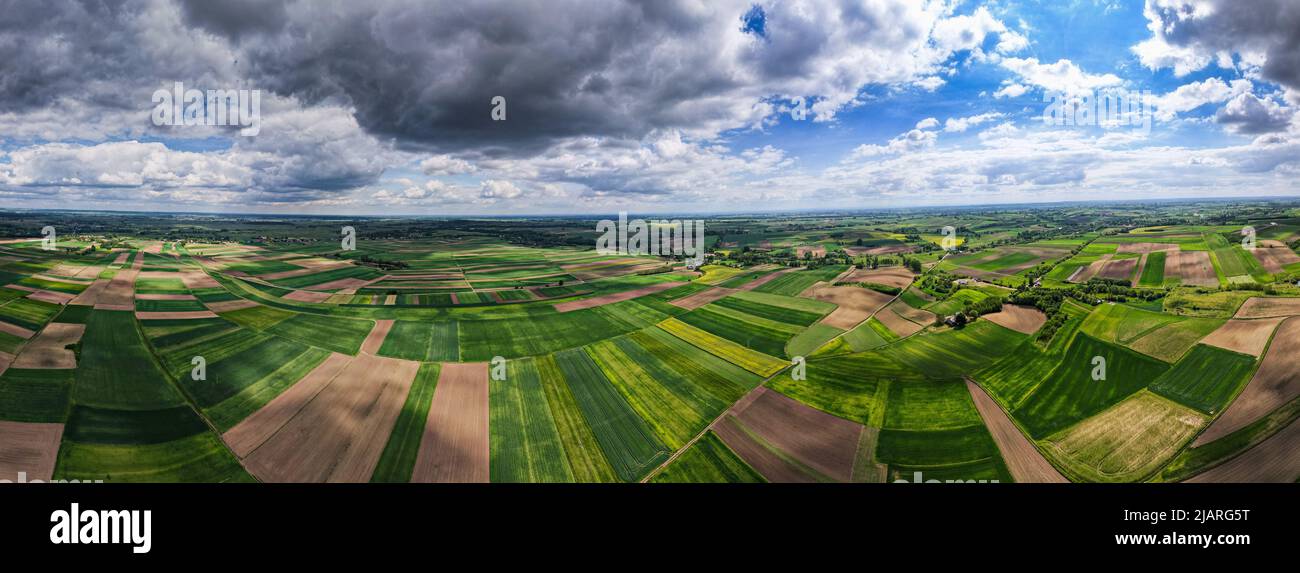 Colorful Farm Fields in Poland at Spring. Aerial Drone Panorama Stock ...