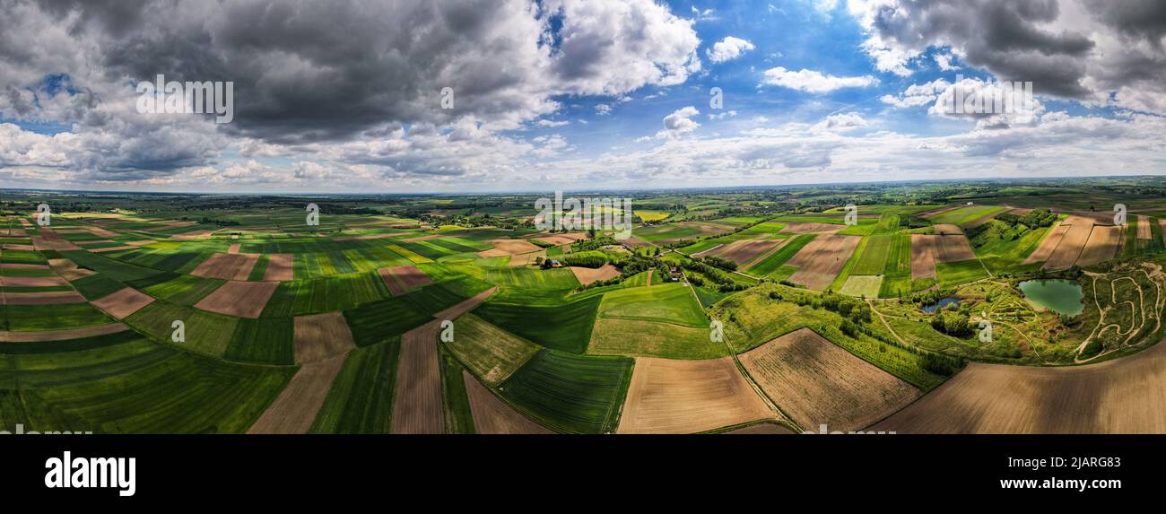 Colorful Farm Fields in Poland at Spring. Aerial Drone Panorama Stock ...