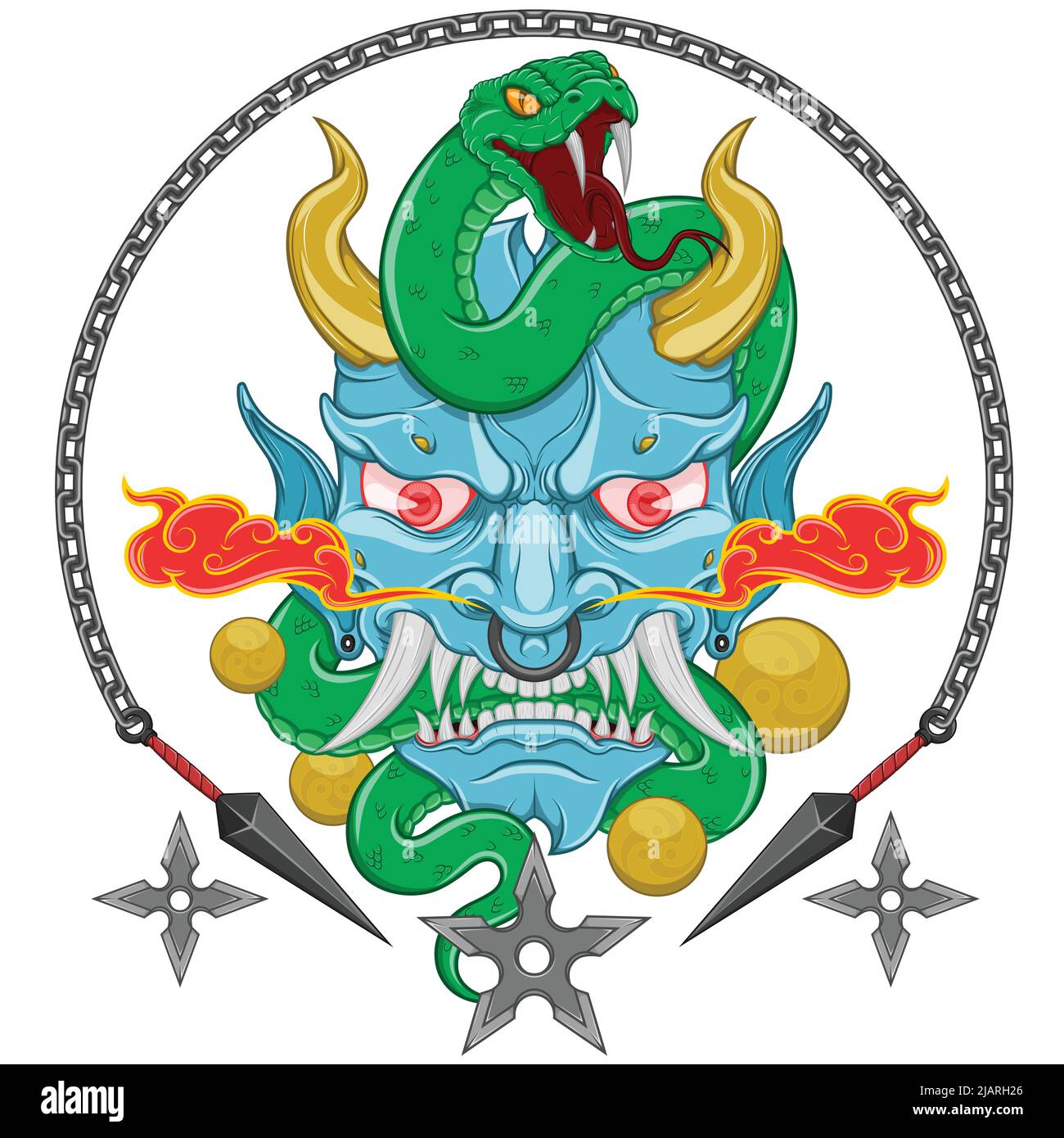 Japanese traditional demon vector design with snake, Oni Japanese Demon ...