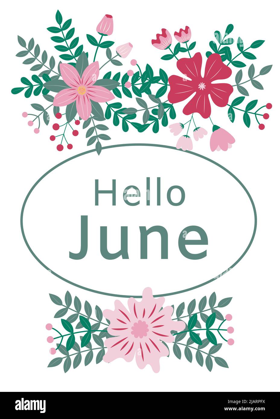 Hello June greeting card with floral ornament on white background Stock ...