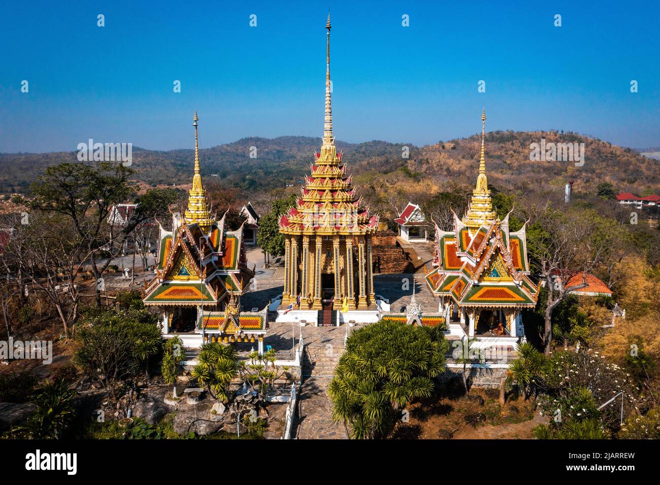 Aerial view of Wat Khao Phra Si Sanphet, temple on top of the hill, in ...