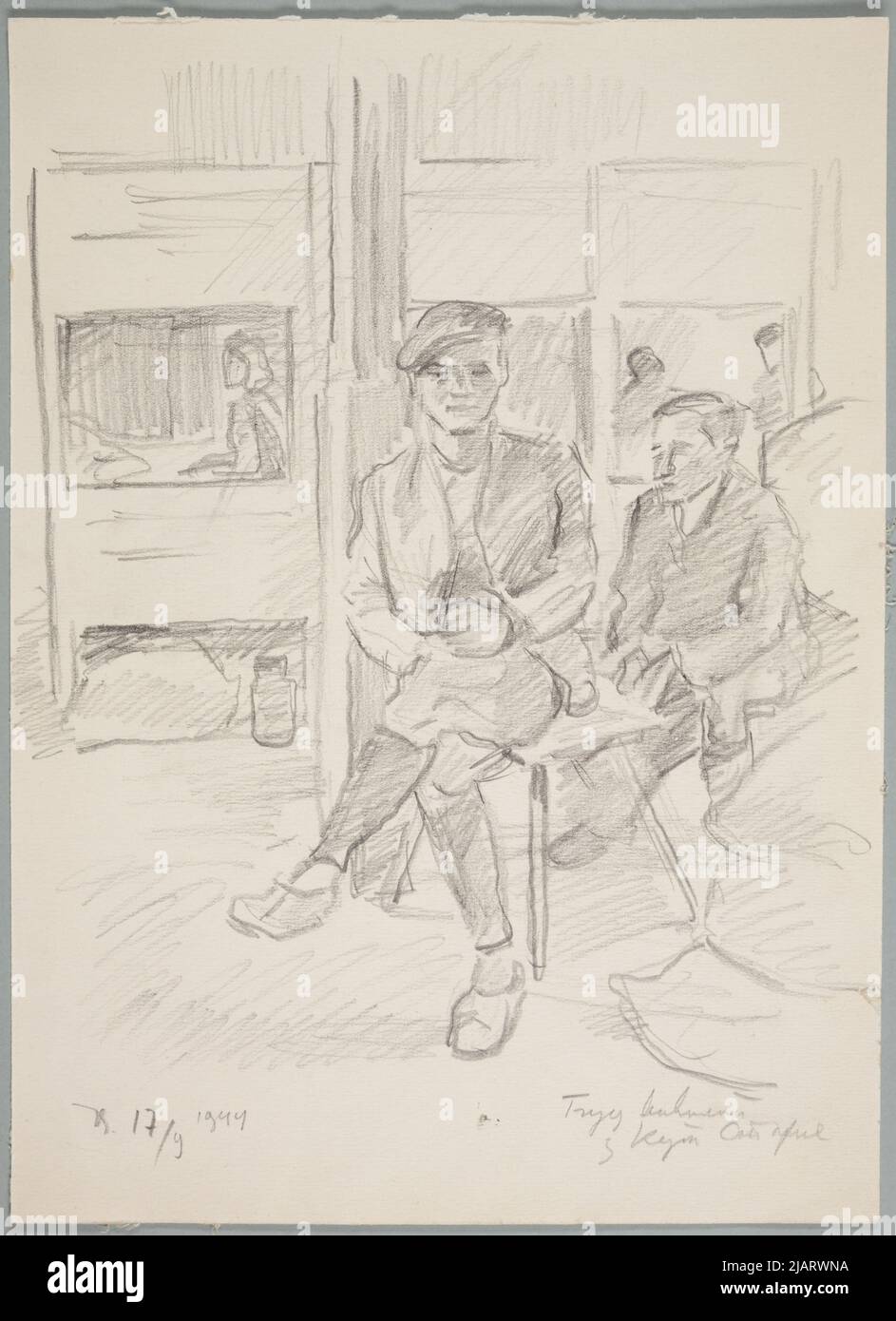 Two men sitting in the interior (shelter) double sided drawing; Verso ...