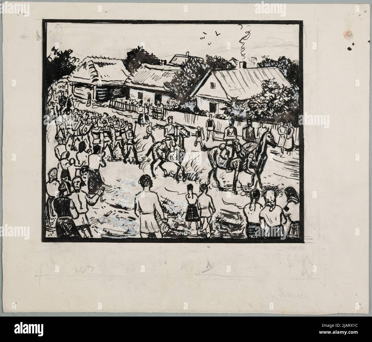 Double sided drawing; recto: army's march through the village (proof ...