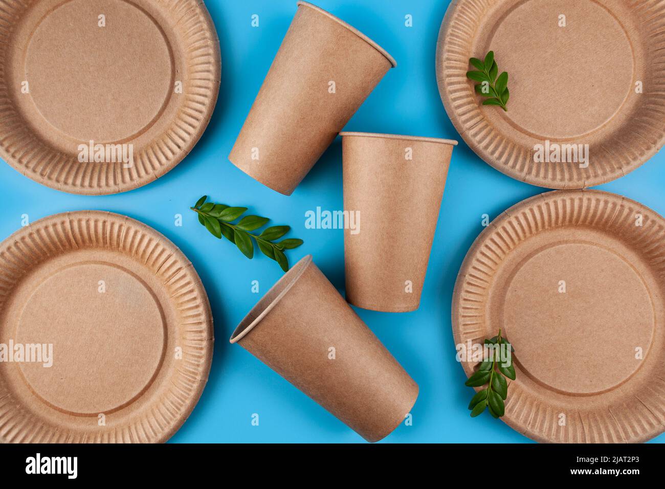 Disposable paper biodegradable cups, plates and green leaves on a blue ...