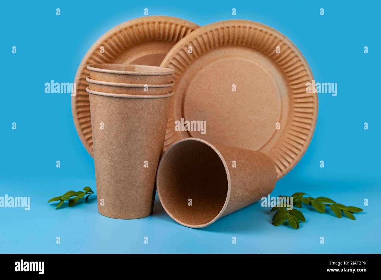 Disposable paper biodegradable cups, plates and green leaves on a blue ...
