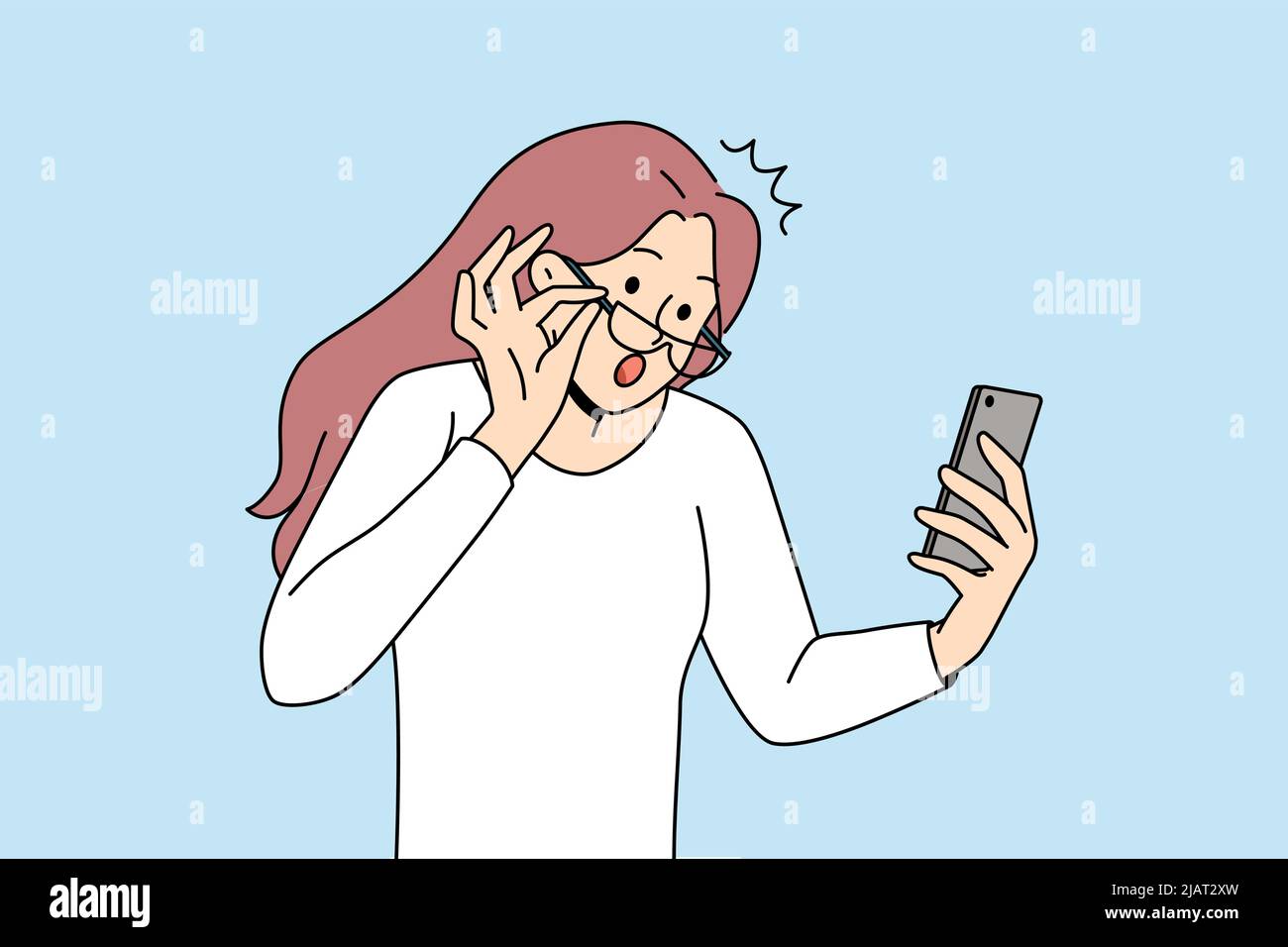 Shocked Young Woman Take Off Glasses Look At Cellphone Screen Shocked