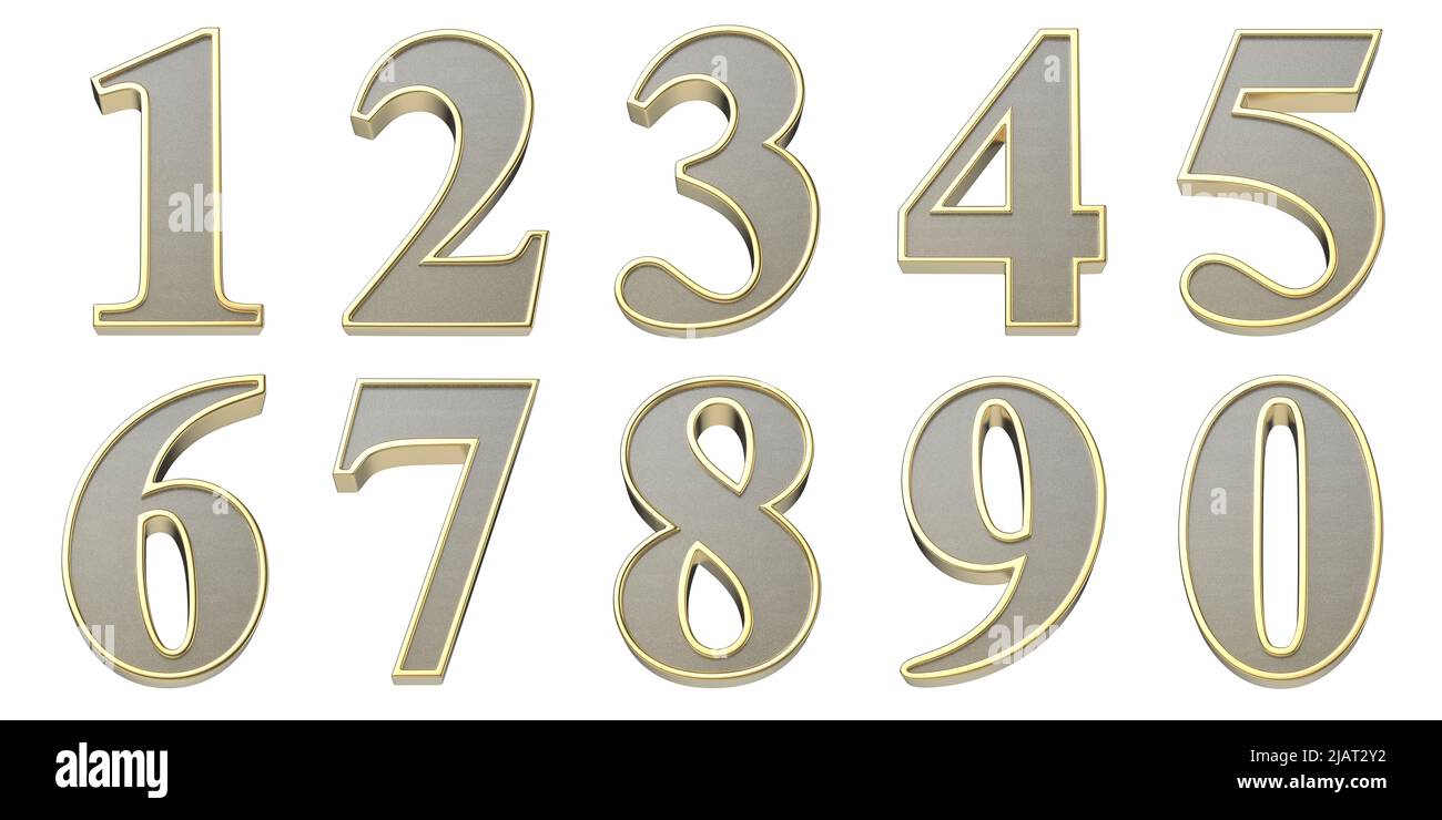 Set of golden 3D numbers, isolated on white background. Front view ...