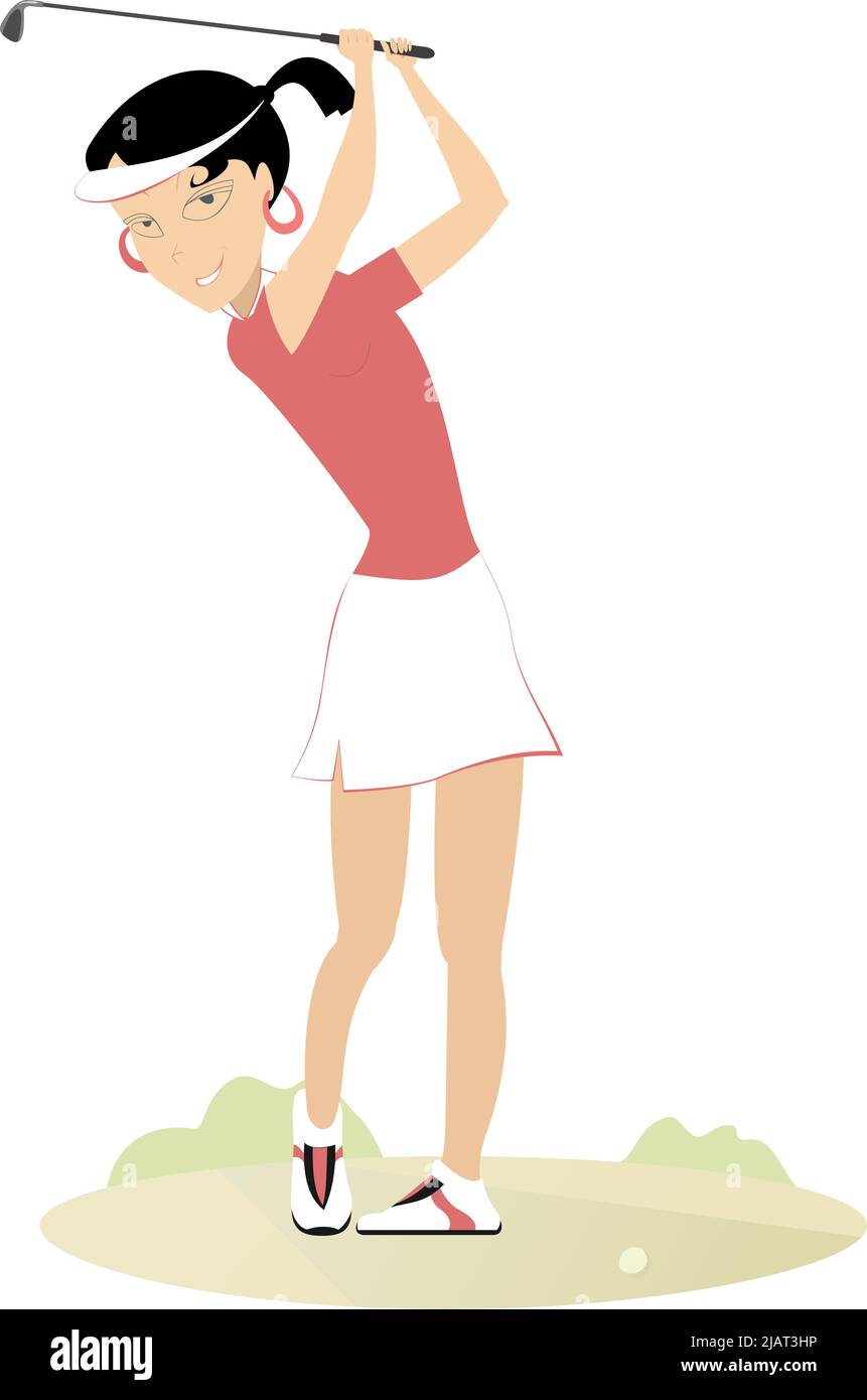 Cartoon golfer woman on the golf course illustration. Funny golfer woman with a golf club tries ...