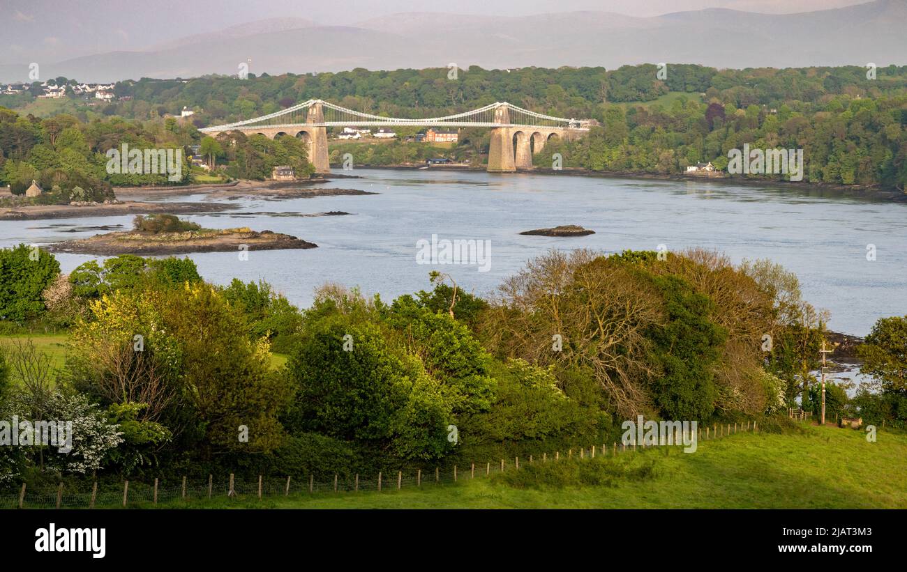 View of the Old Menai Bridge to Anglesey Stock Photo - Alamy
