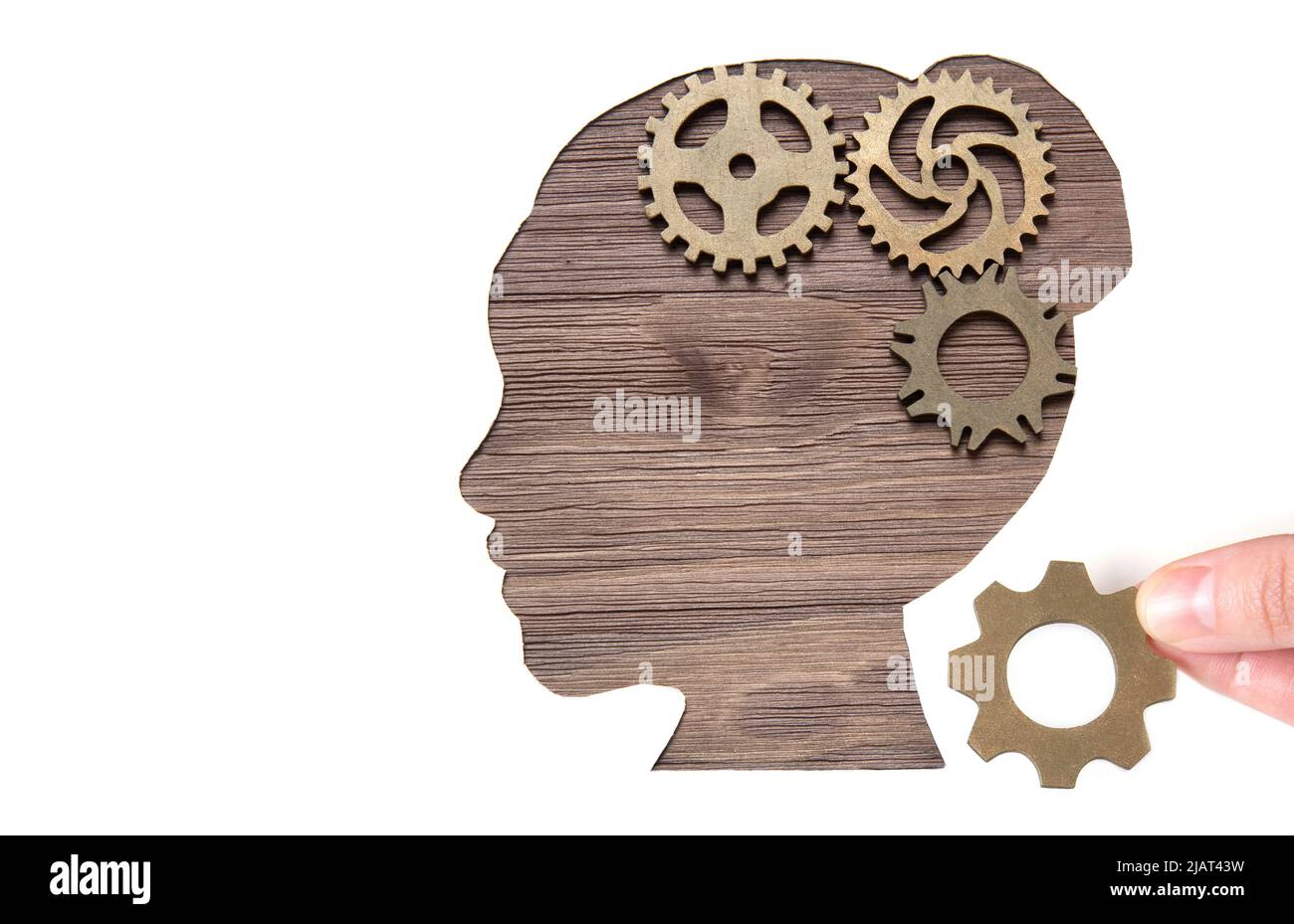 Hand placing gears in a head shaped paper cutout on a wooden background ...