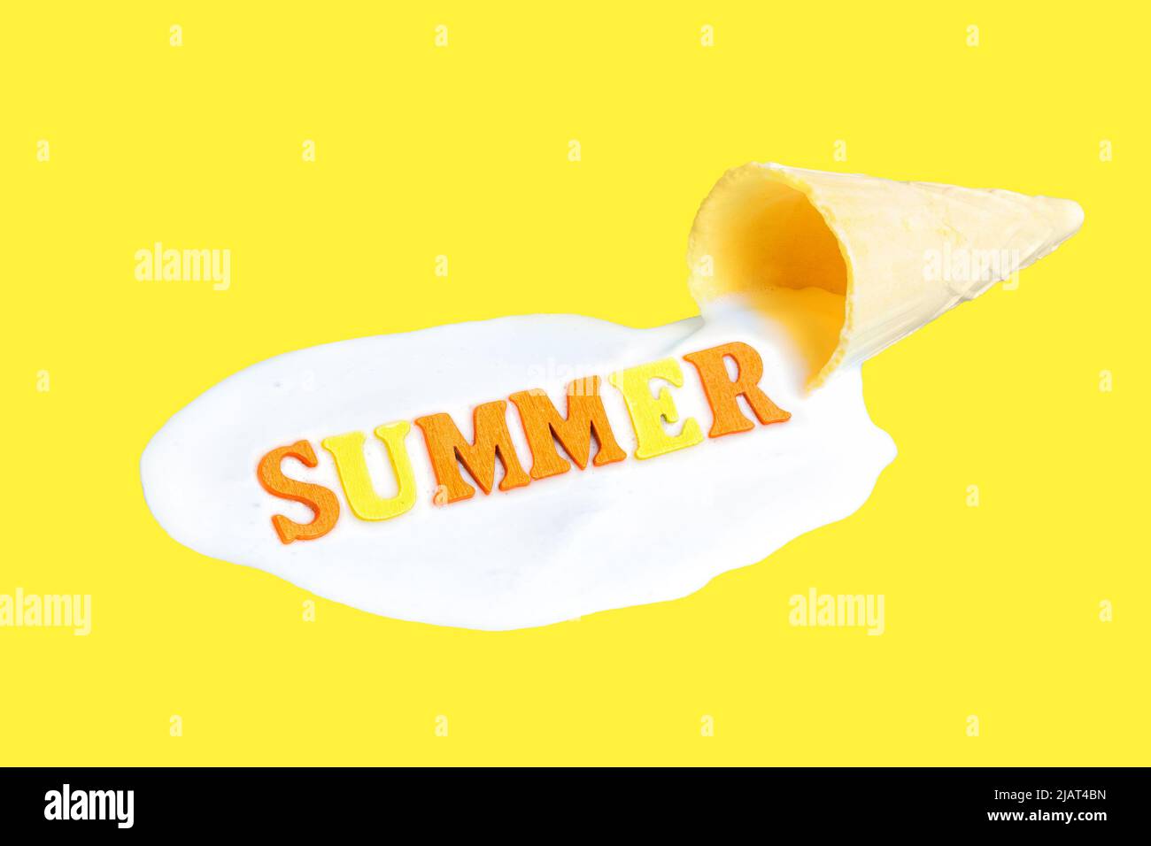 Word SUMMER arranged from wooden letters in a puddle of melted ice ...