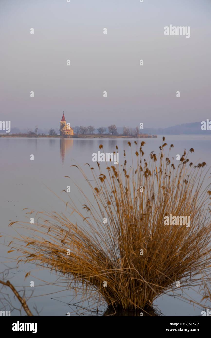 Lake Musov with Church of St. Linhart in Musov, Southern Bohemia, Czech ...