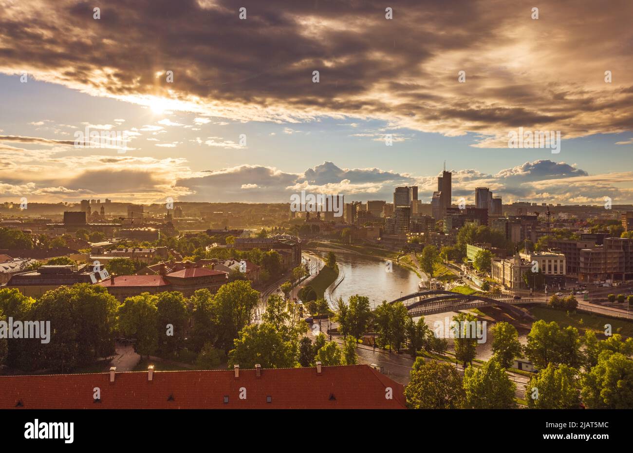 Rain over Vilnius with skyscrapers, colorful evening view of Vilnius ...