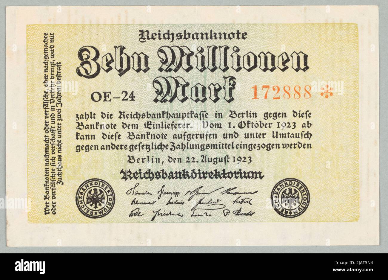 Banknote for 10 million brands; Reichsbanknote, Germany, 22.08.1923 ...
