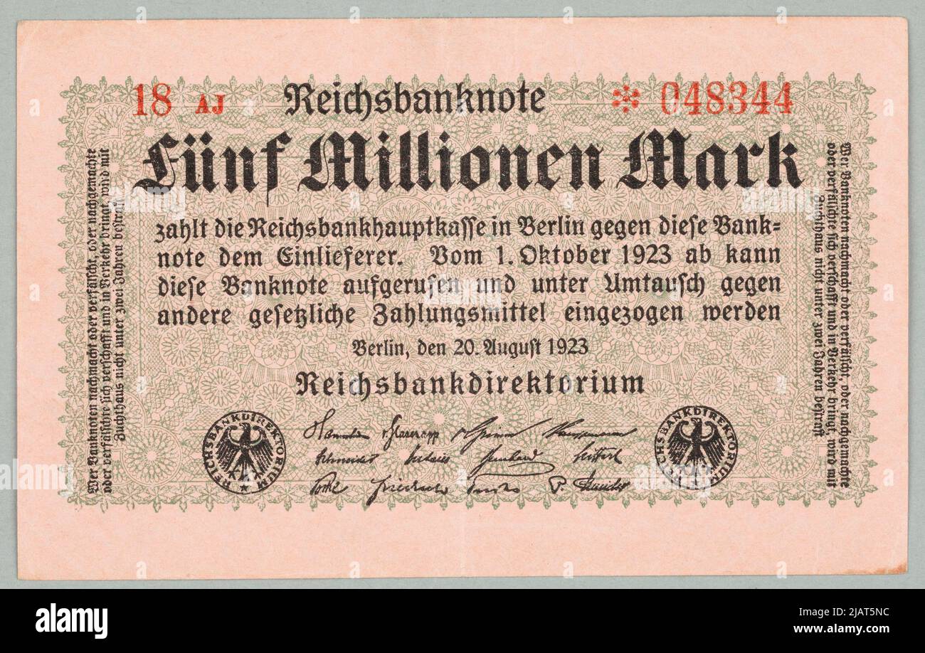 Banknote for 5 million brands, Reichsbanknote, Germany; 20.08.1923 ...