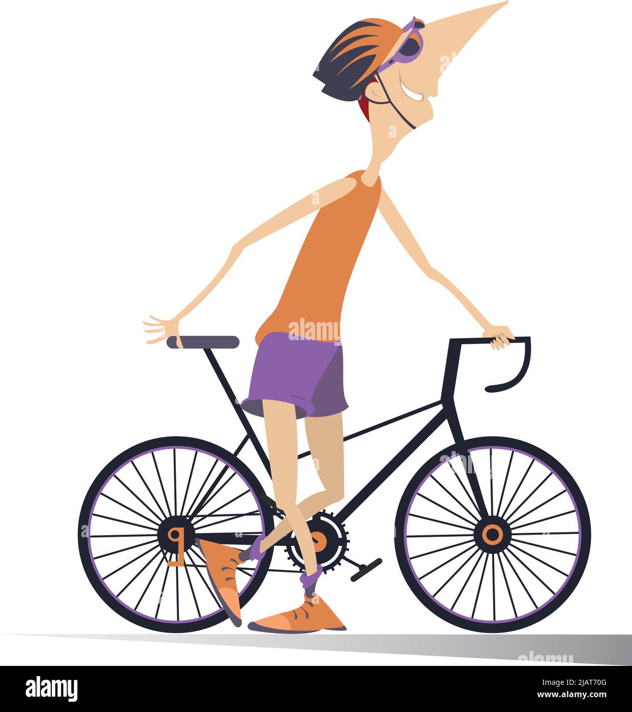 Smiling cyclist stays holding a bike isolated illustration. Cartoon ...