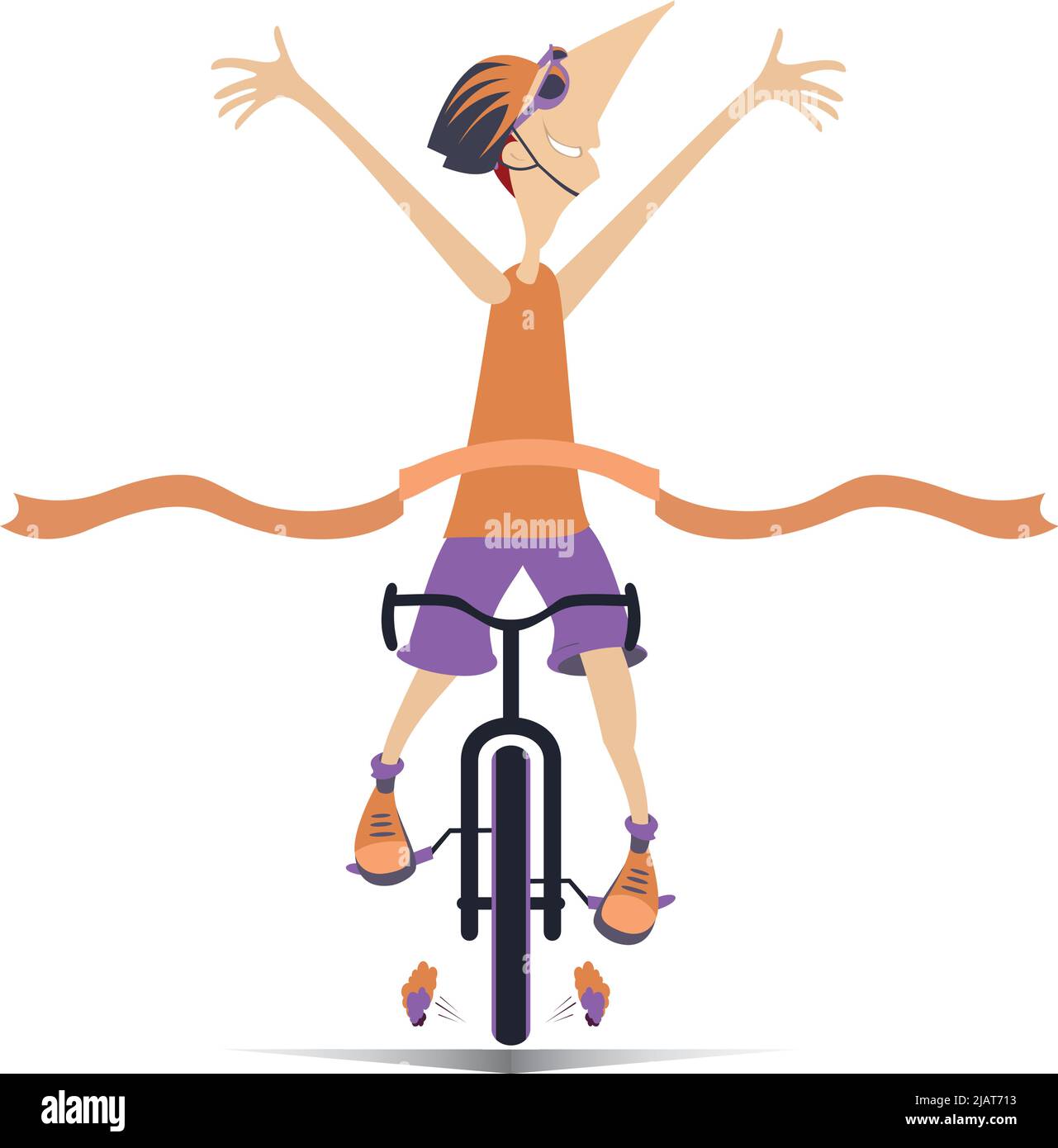 Cartoon man rides a bike and wins the race isolated illustration ...