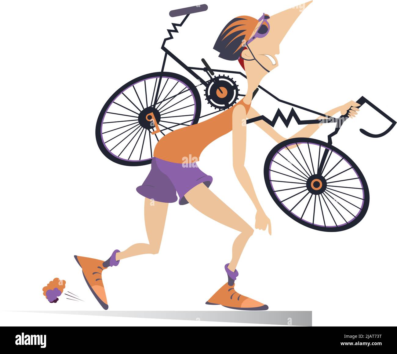 Tired cyclist with a broken bike isolated illustration. Tired cartoon ...