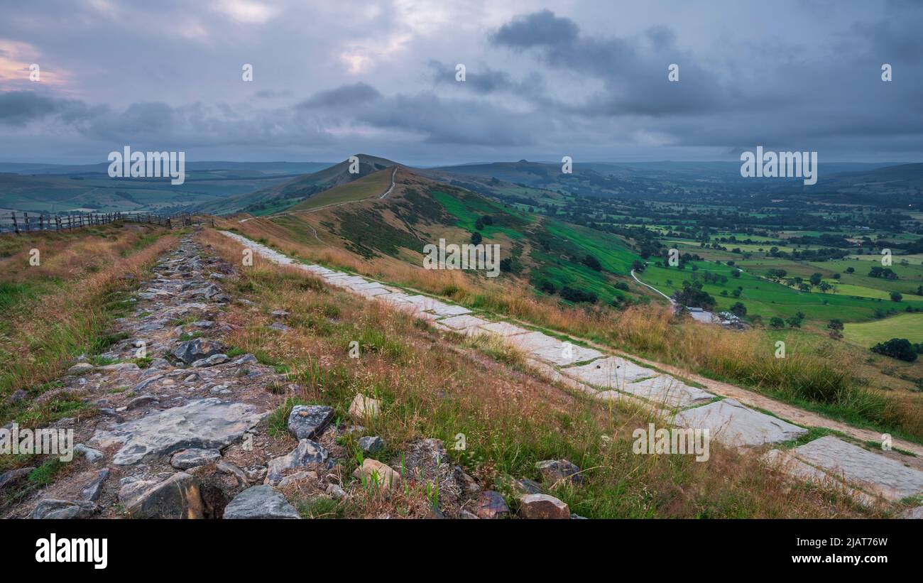 Mam Tor ridgeway, the Peak District, on a moody, cloudy summer's ...