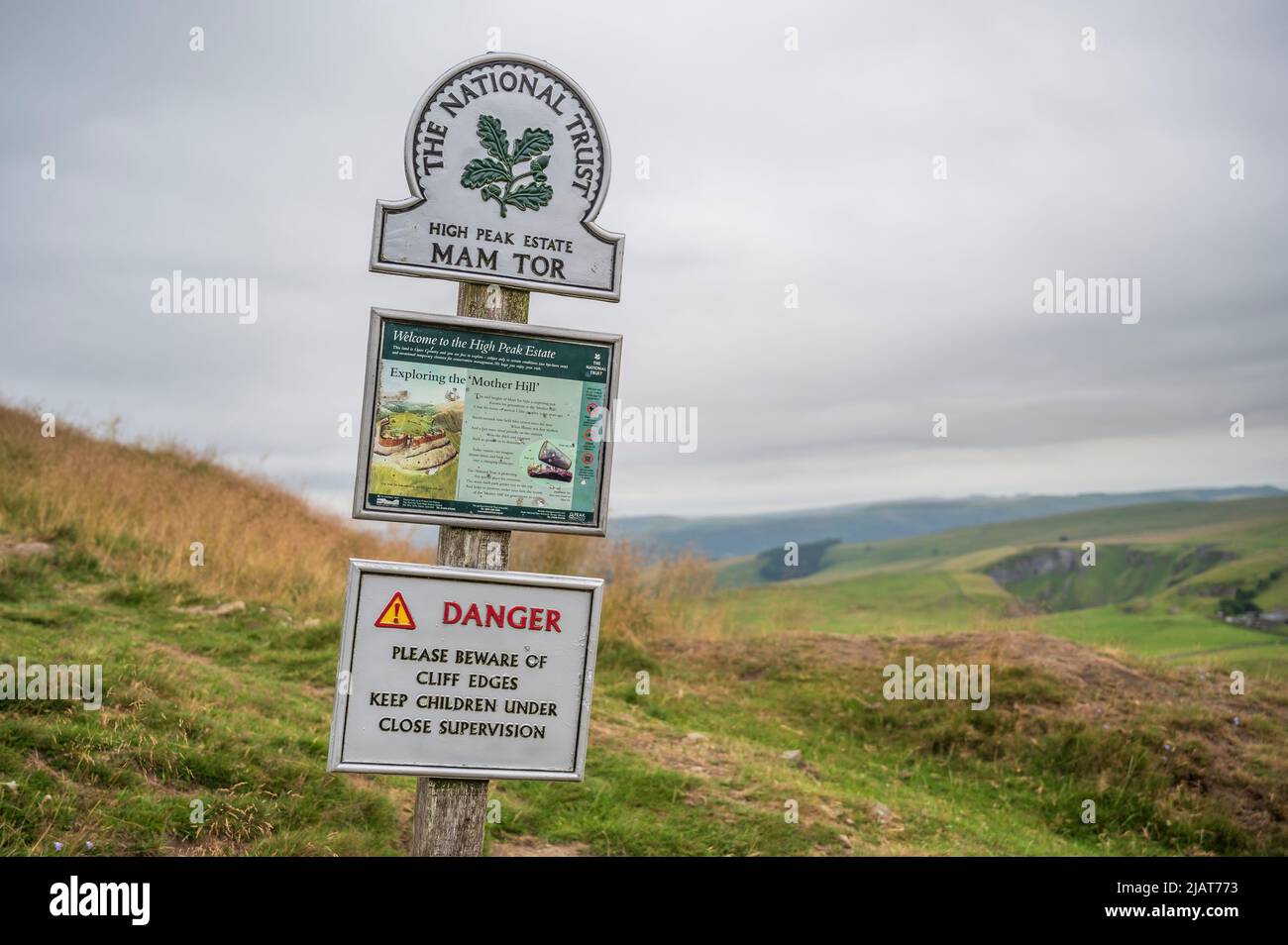 Mam Tor, National Trust sign, indicating to walkers where they are and ...