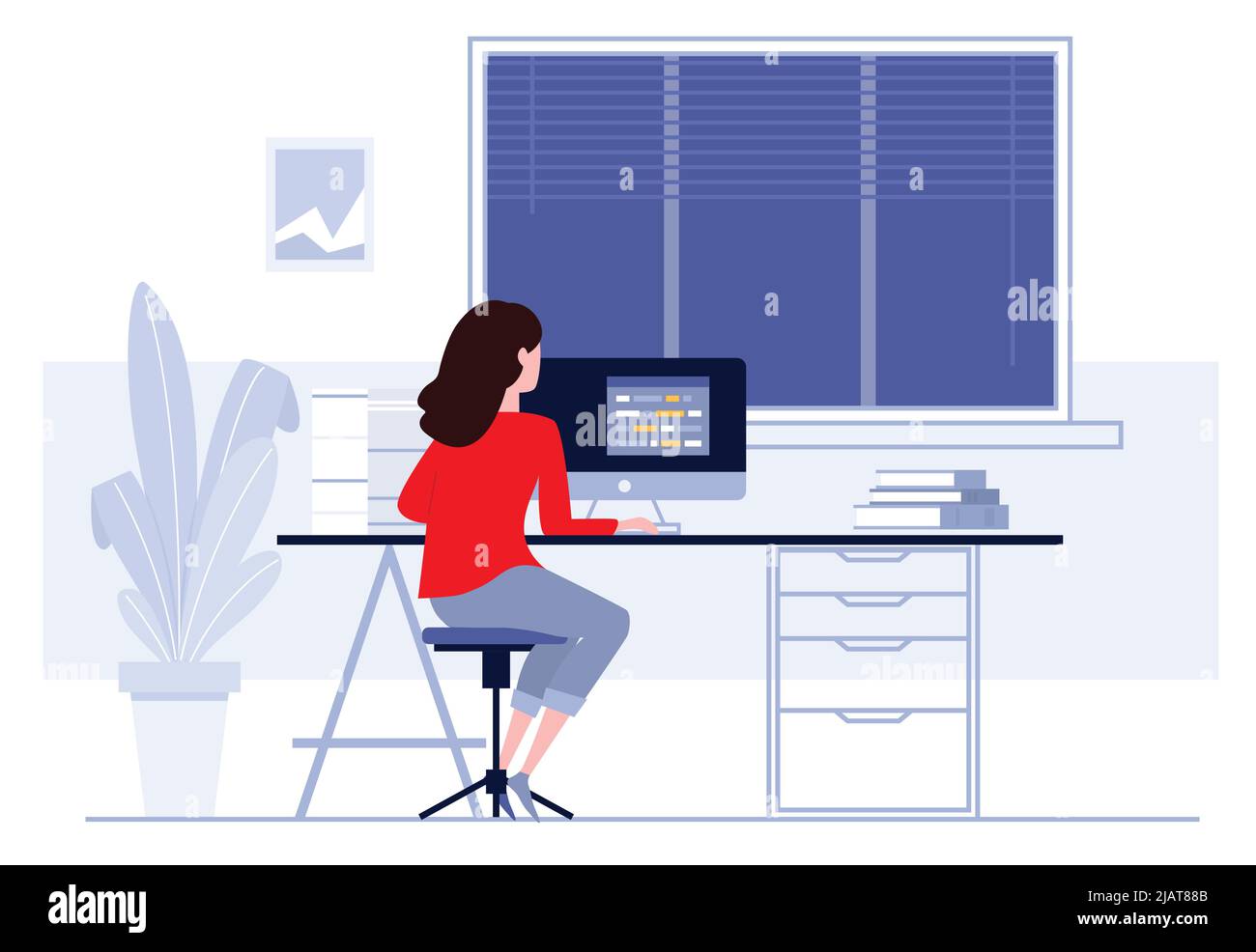 Workplace In Office Business Woman Working On Computer At Her Desk