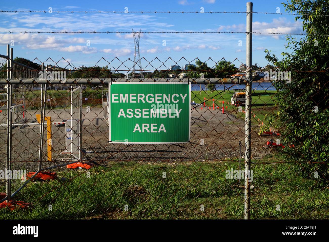 Emergency Assembly Area sign on a fence in Brisbane Australia Stock ...
