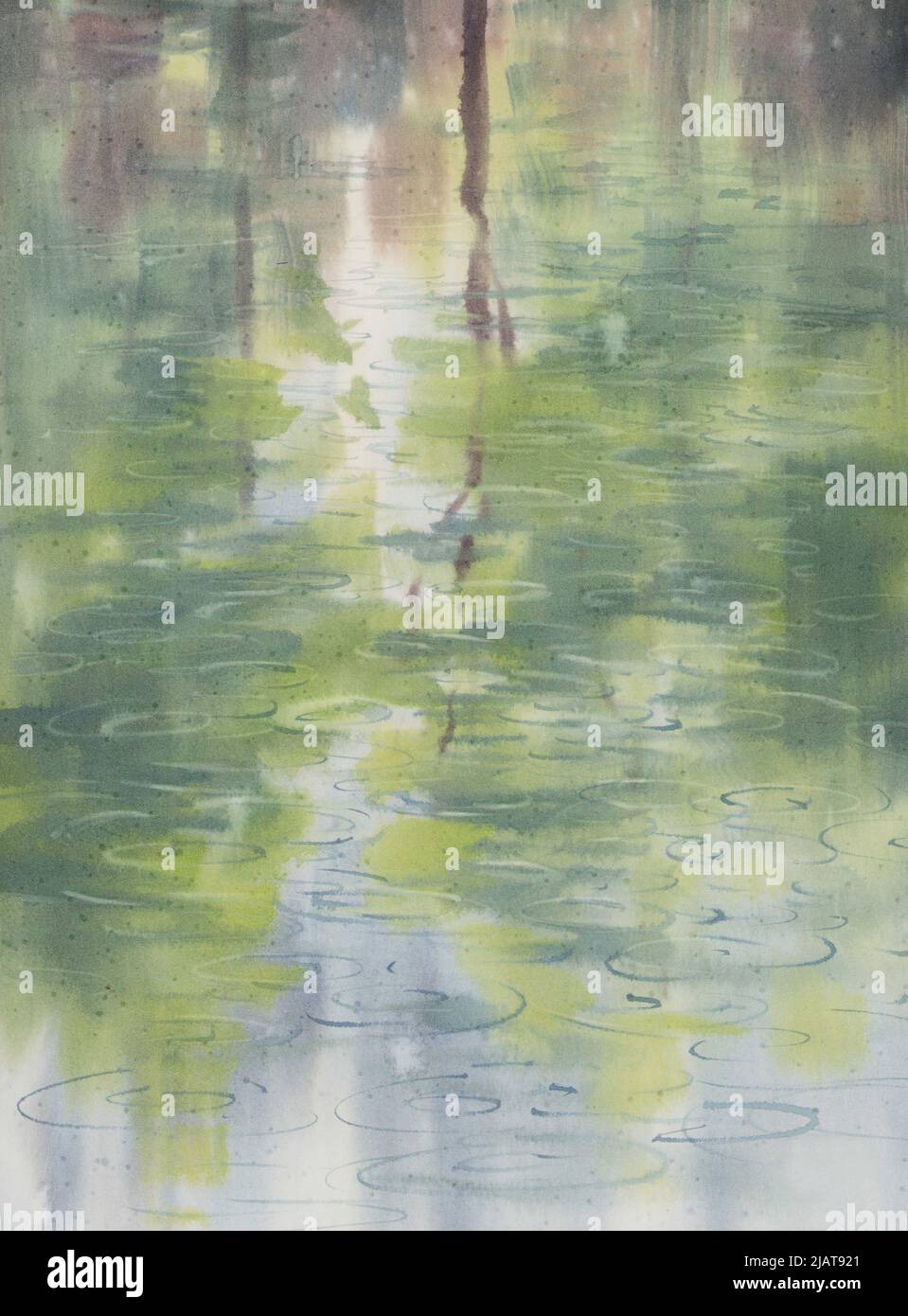 Rainy pond surface in green color watercolor background Stock Photo - Alamy