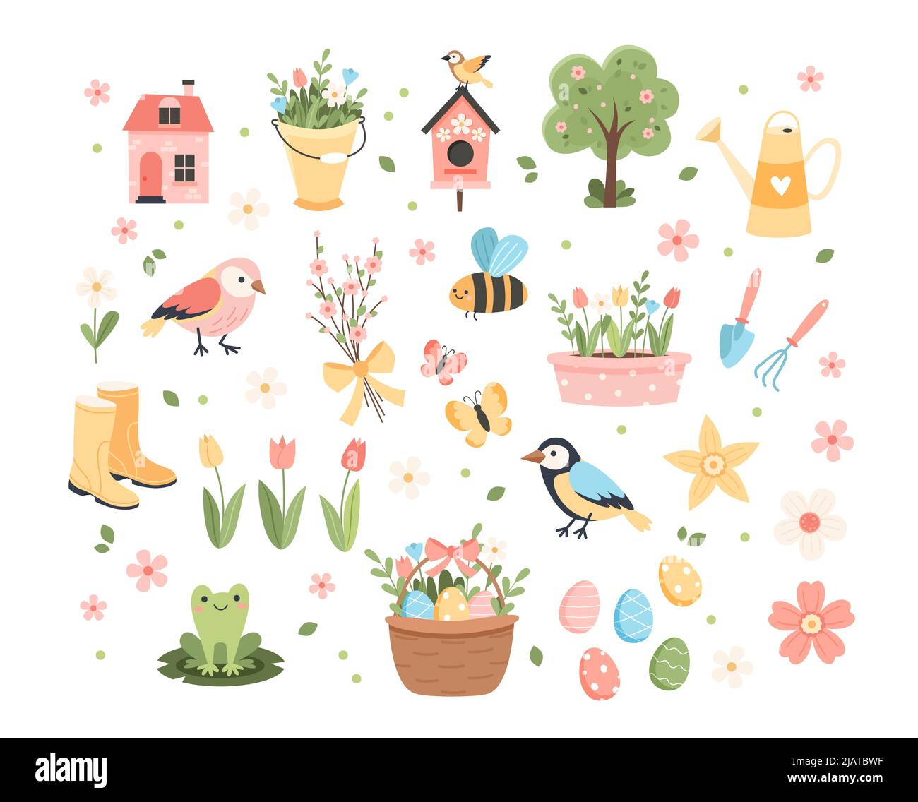 Spring elements collection - cute birds, bees, flowers, butterflies ...