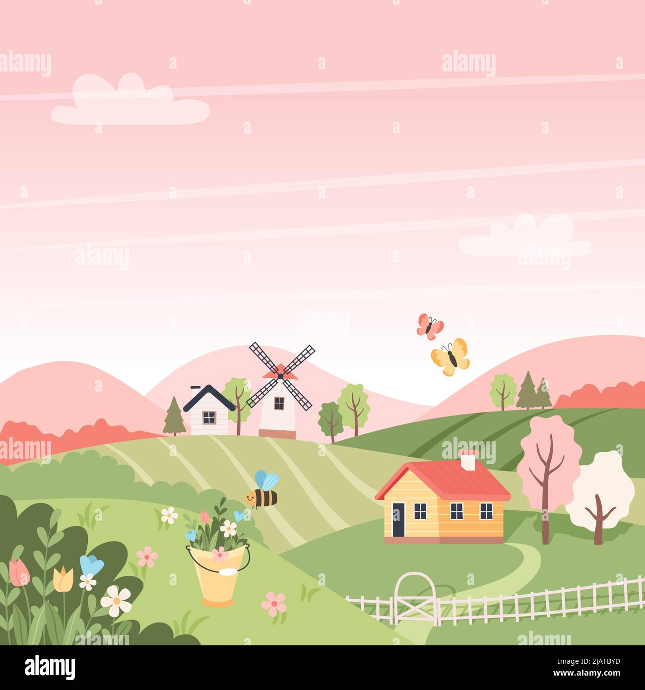 Spring landscape with trees, fields, houses and windmill. Easter ...