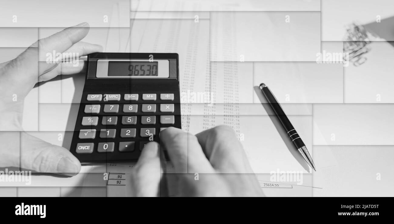 Male hand using calculator, accounting concept, geometric pattern Stock ...