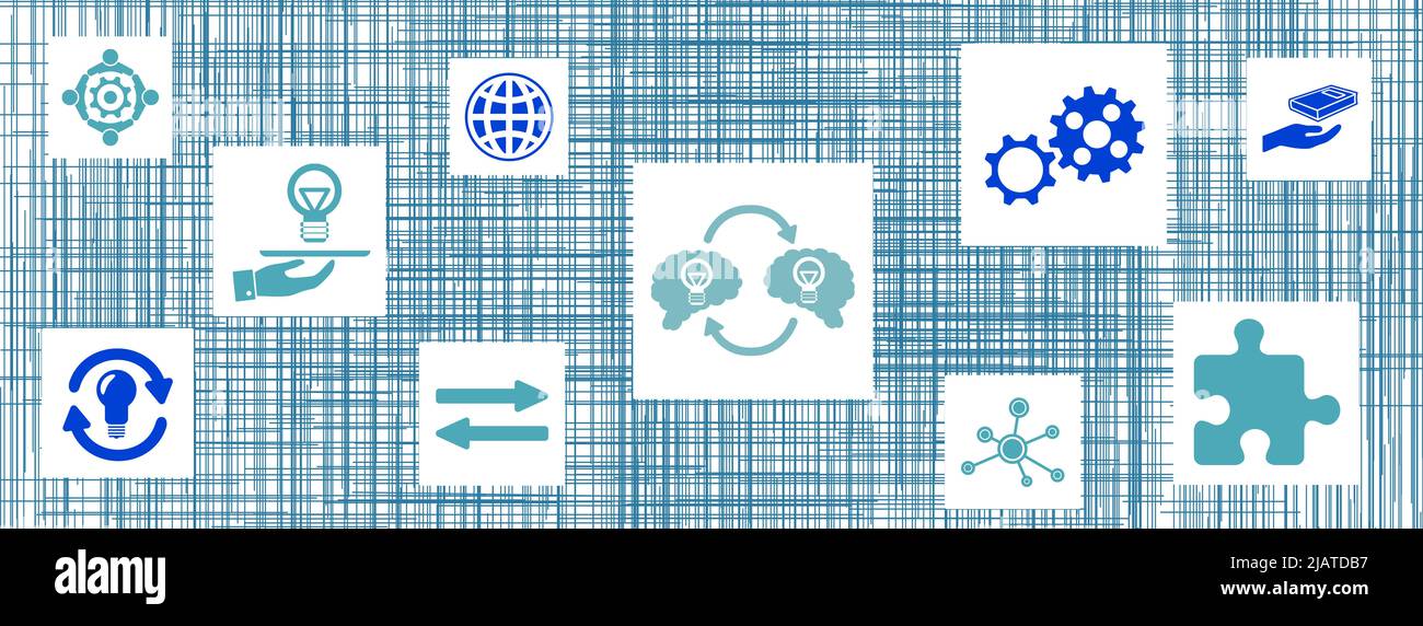 Concept of knowledge sharing with icons on squares Stock Photo - Alamy